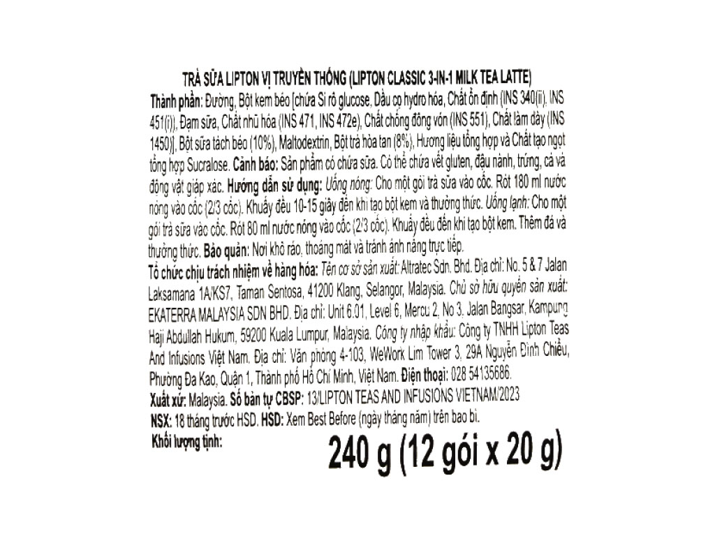 Trà sữa Lipton vị truyền thống hộp 240g (12 gói x 20g)