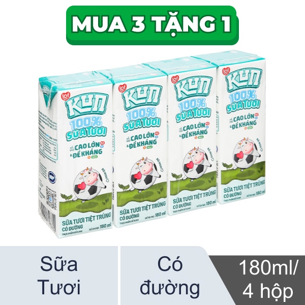 Lốc 4 hộp sữa tươi Kun 100% Sữa tươi 180ml tại Bách hóa XANH