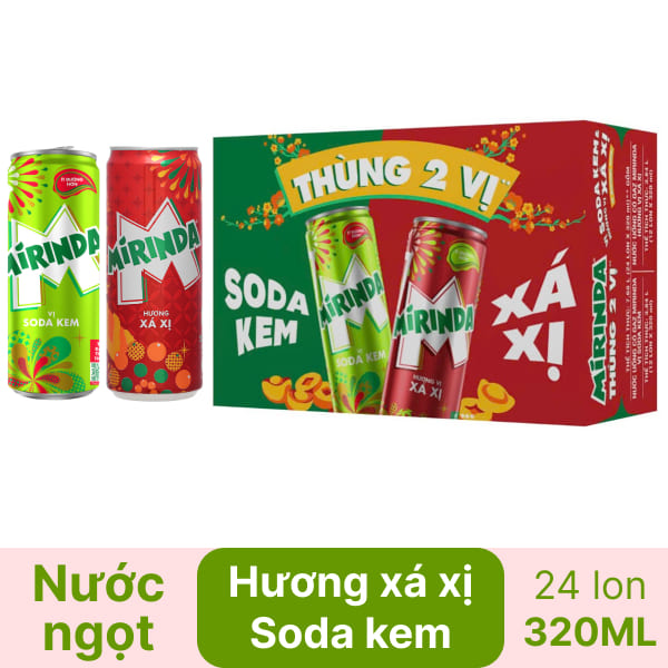 Thùng 24 lon nước ngọt Mirinda Mix xá xị và soda kem 320ml