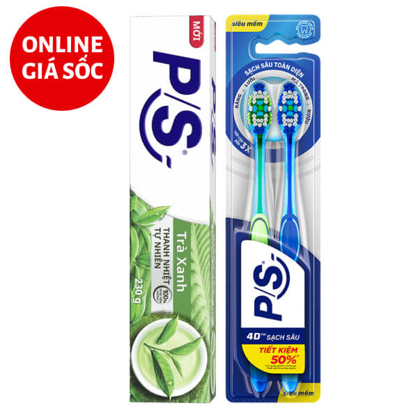 Kem đánh răng P/S trà xanh 230g & 2 bàn chải P/S 4D sạch sâu
