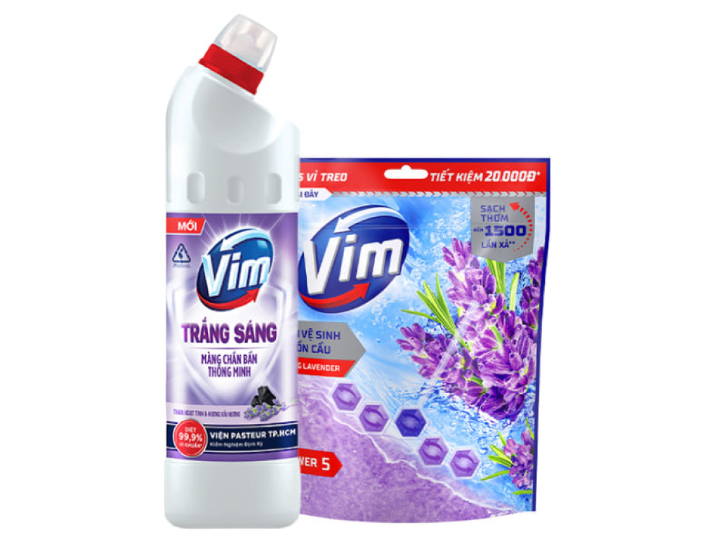 Tẩy nhà tắm VIM lavender 870ml, 5 vỉ treo bồn cầu VIM 250g
