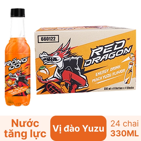 Thùng 24 chai nước tăng lực Rồng Đỏ vị đào yuzu 330ml