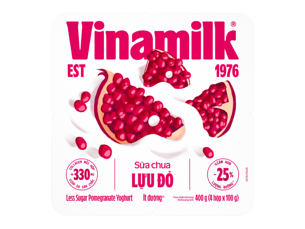 Lốc 4 hộp sữa chua Vinamilk lựu đỏ ít đường 100g