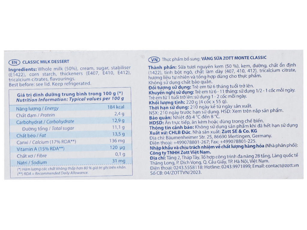 Lốc 4 hộp váng sữa classic Monte 55g