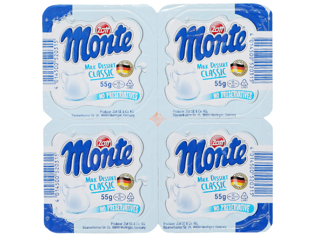Lốc 4 hộp váng sữa classic Monte 55g