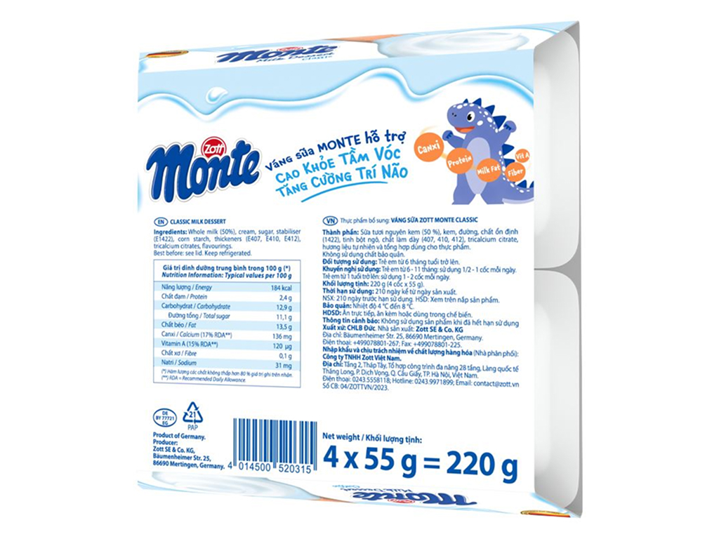 Lốc 4 hộp váng sữa classic Monte 55g