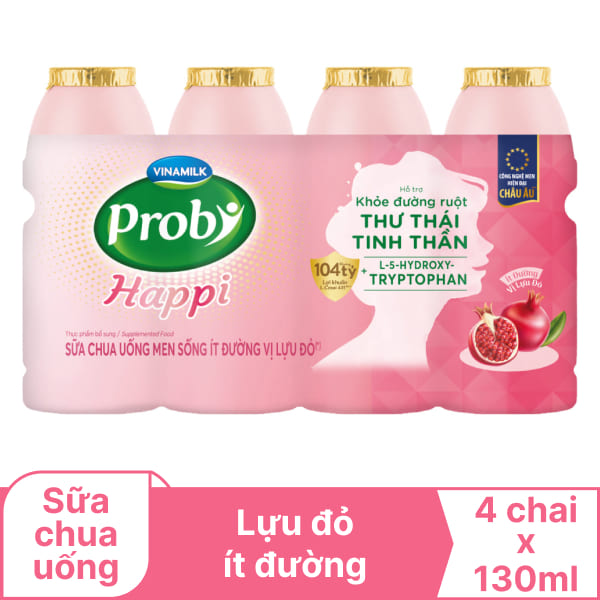 Lốc 4 chai sữa chua ít đường vị lựu Vinamilk Probi 130ml