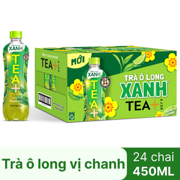 Thùng 24 chai trà ô long xanh hương chanh Tea Plus 450ml