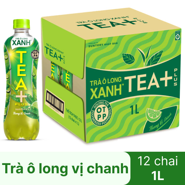 Thùng 12 chai trà ô long xanh hương chanh Tea Plus 1 lít