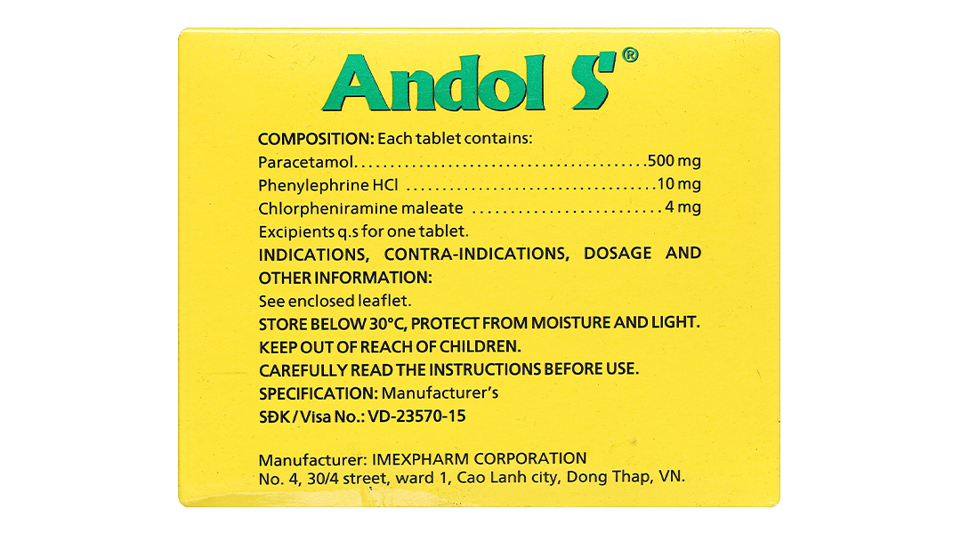 Thuốc Andol S trị các triệu chứng cảm, sốt, đau đầu (25 vỉ x 20 viên ...