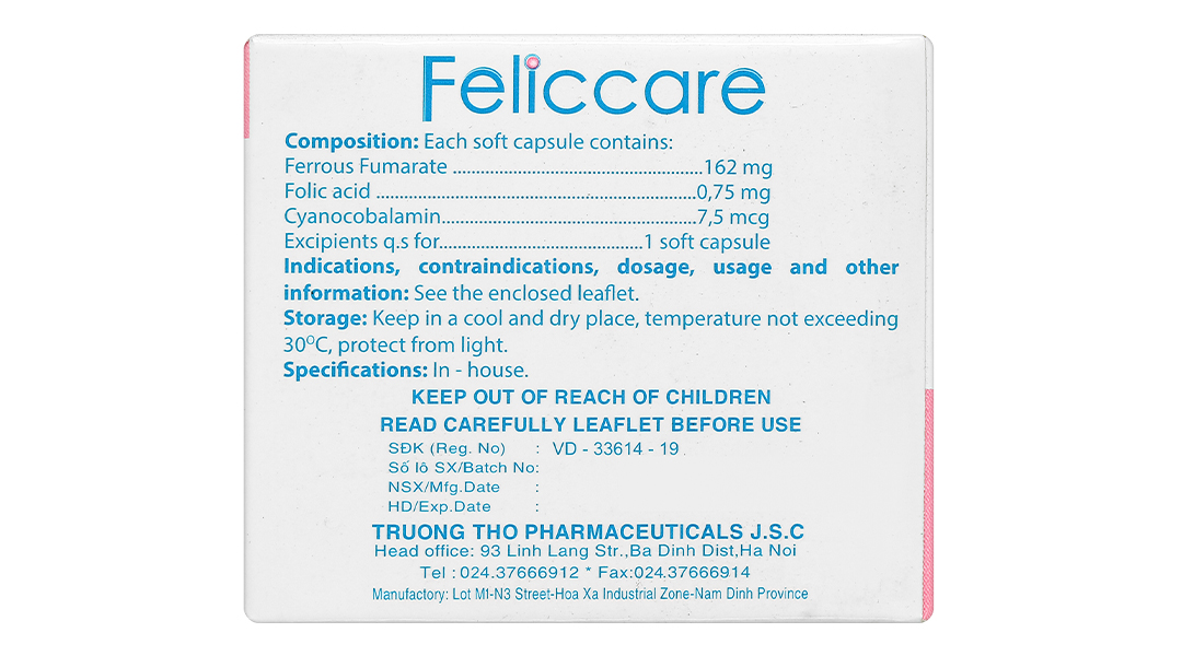 Thuốc Feliccare phòng và trị thiếu máu tổng quát (10 vỉ x 10 viên) - 02 ...