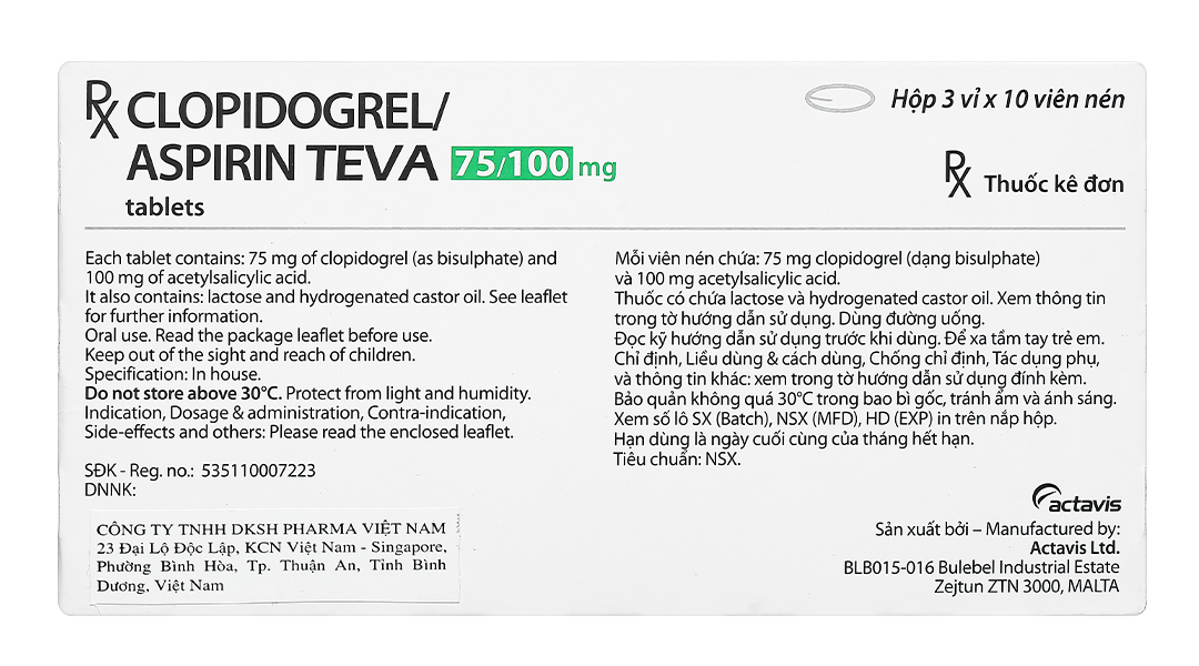 Clopidogrel/Aspirin TEVA 75/100mg trị bệnh mạch vành, nhồi máu cơ tim ...
