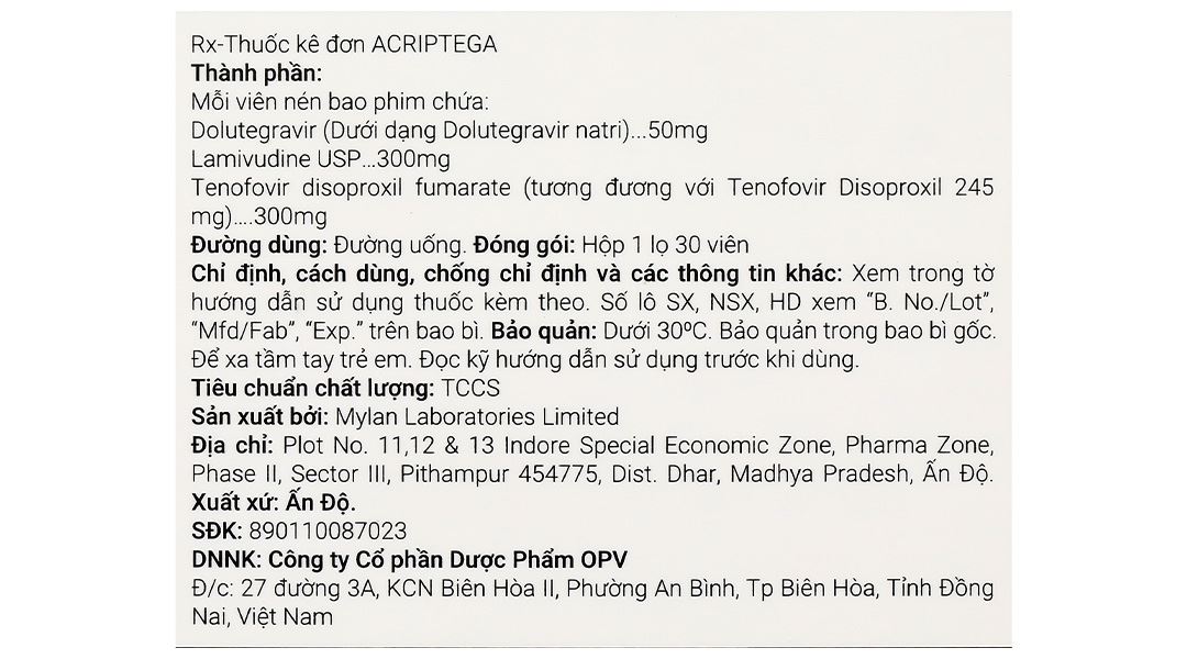 Acriptega 50mg/300mg/300mg điều trị nhiễm virus HIV chai 30 viên - 08/ ...