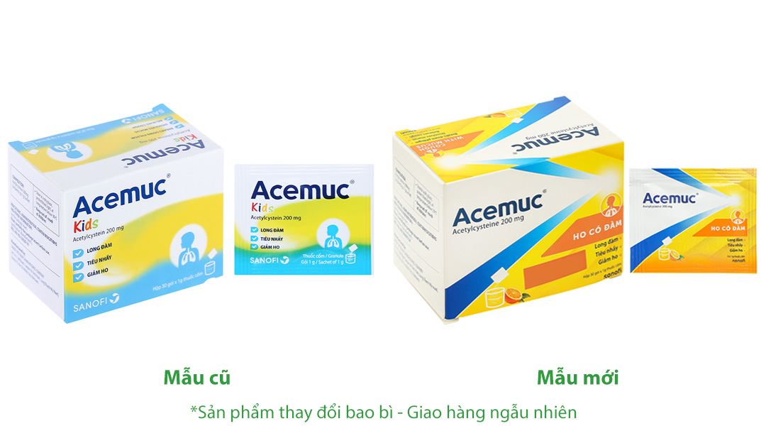 Thuốc Acemuc Kids 200mg tiêu chất nhầy, giảm ho, loãng đàm (hộp 30 gói ...