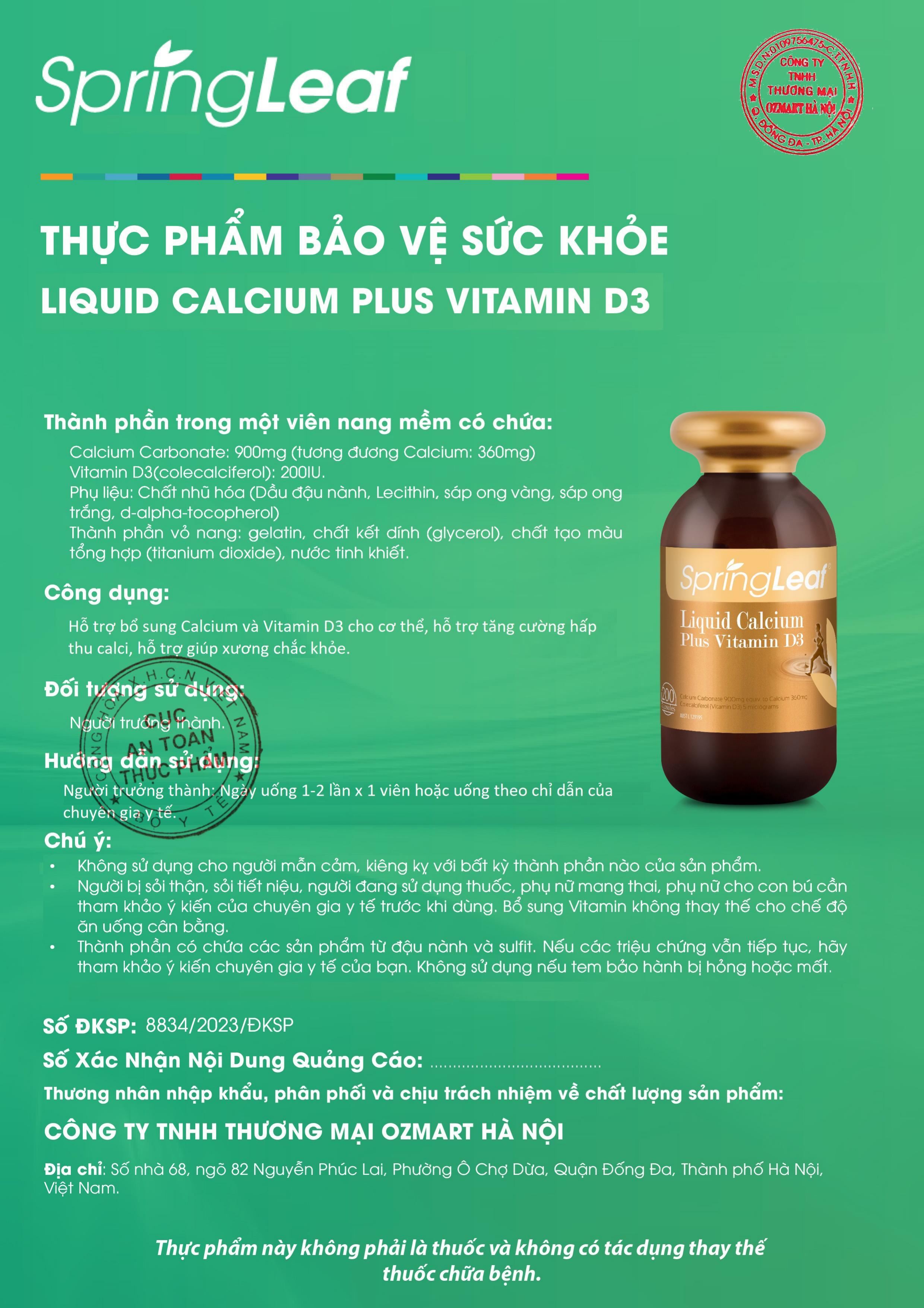 Thực phẩm bảo vệ sức khỏe Canxi Springleaf Liquid Calcium Plus Vitamin ...