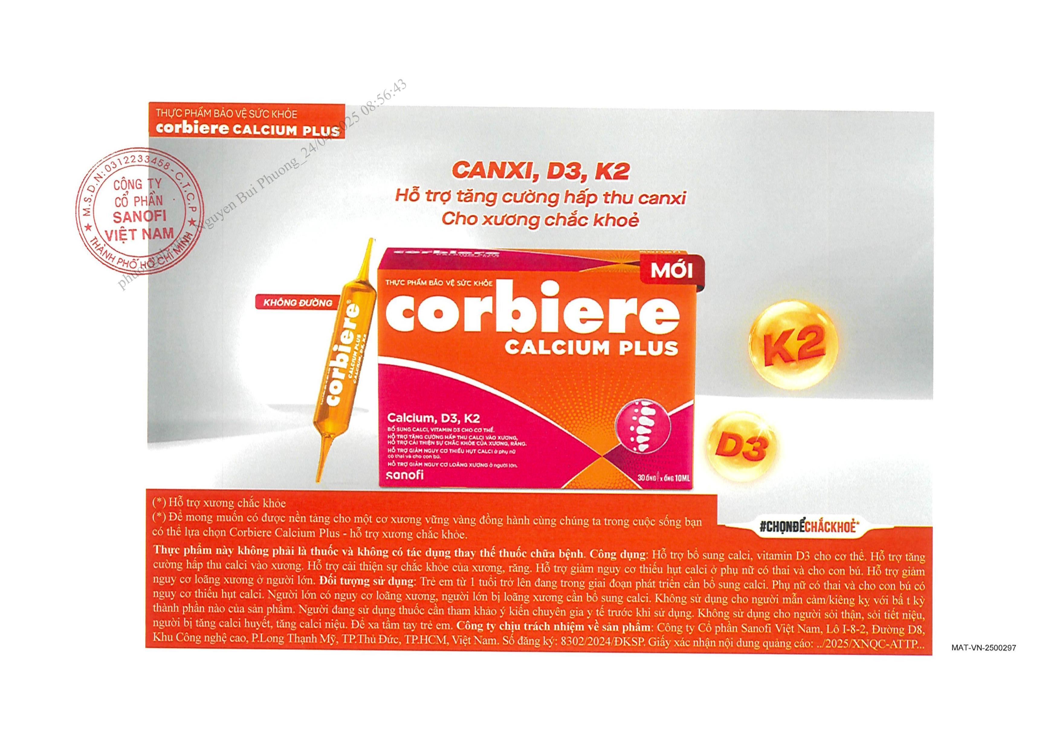 Thực phẩm bảo vệ sức khỏe Corbiere Calcium Plus hộp 30 ống x 10ml - 01/ ...