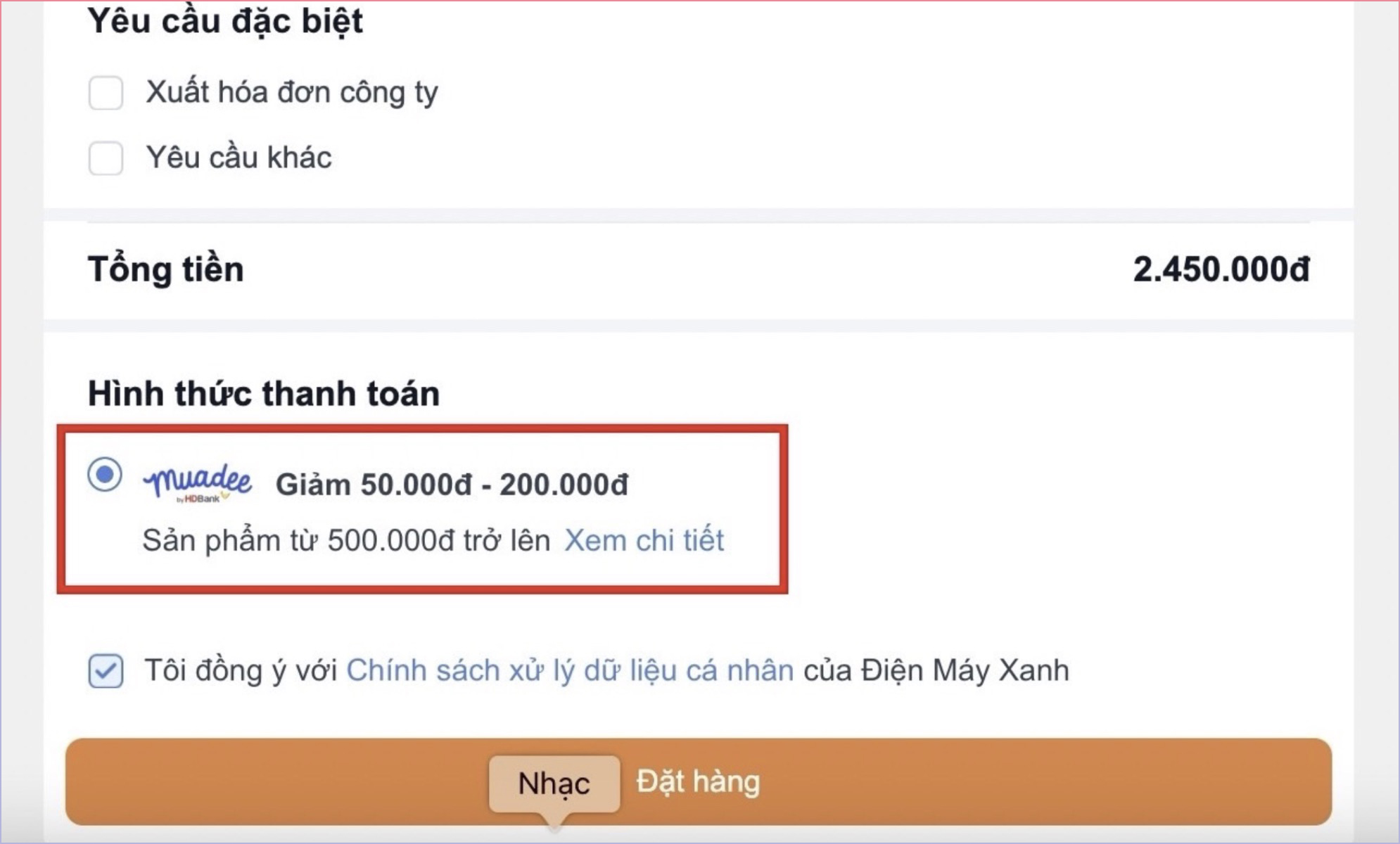 Thanh toán qua thẻ tín dụng Muadee by HDBank giảm từ 50K đến 200K