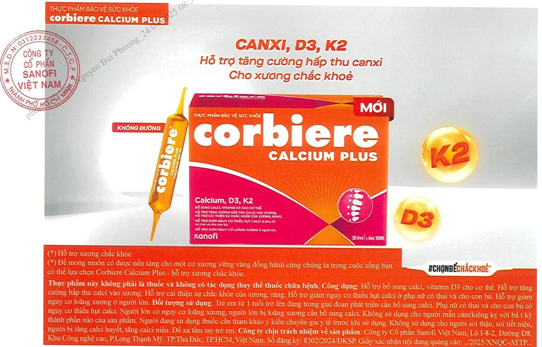 Thực phẩm bảo vệ sức khỏe Corbiere Calcium Plus hộp 30 ống x 10ml - 09/ ...
