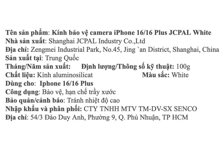 Miếng dán camera iPhone 16/16 Plus OPTIX JCPAL