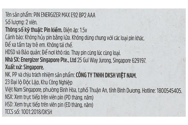 Pin AAA 2 viên Energizer Max E92 BP2
